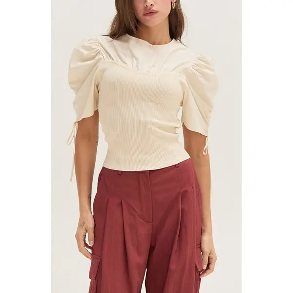 CRESCENT Mixed Media Shirred Sleeve Top - Egg Shell