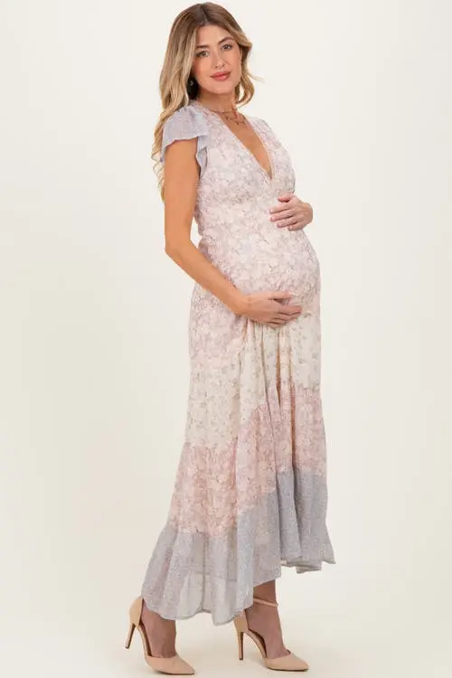 PINKBLUSH Floral Colorblock Tiered Maxi Dress