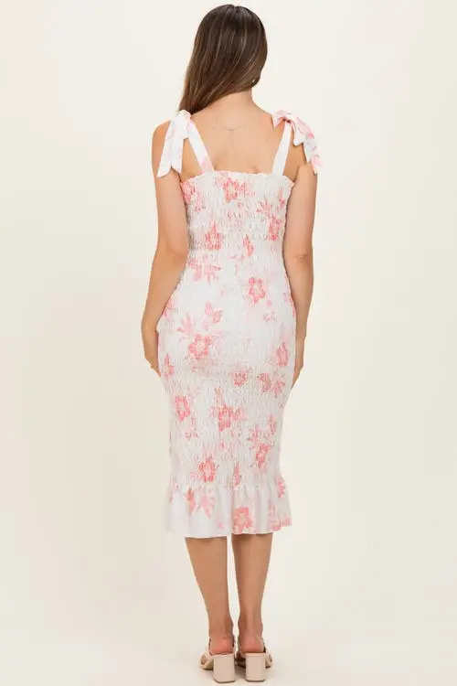 PINKBLUSH Floral Shoulder Tie Fitted Midi Dress
