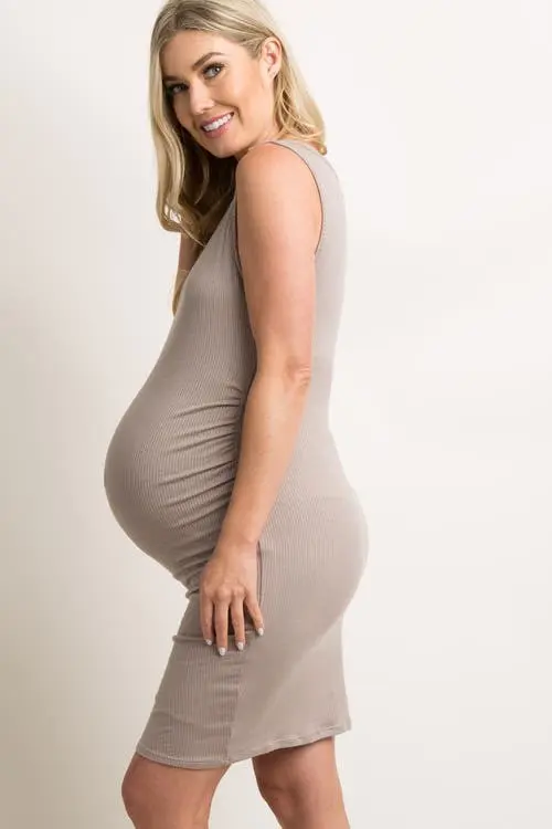 PINKBLUSH Ribbed Ruched Sleeveless Maternity Dress