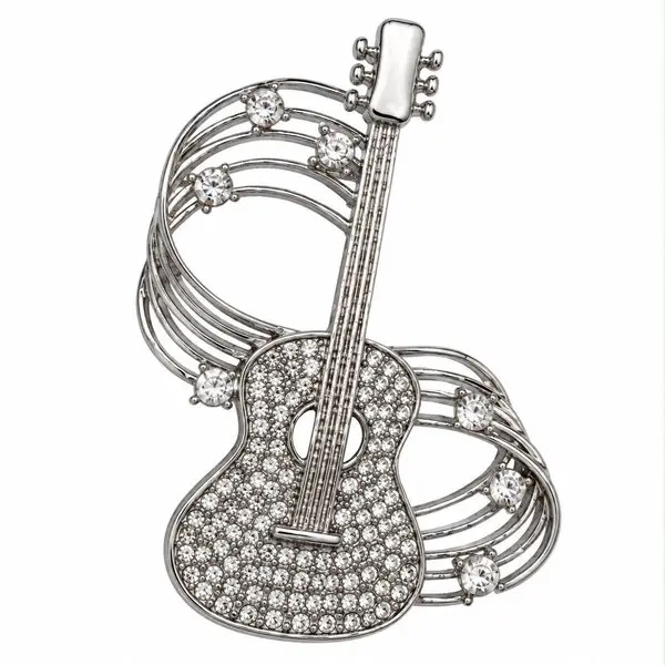  By Ozge Soulful Melody Crystal Guitar Plated Brass Statement Brooch - Silver