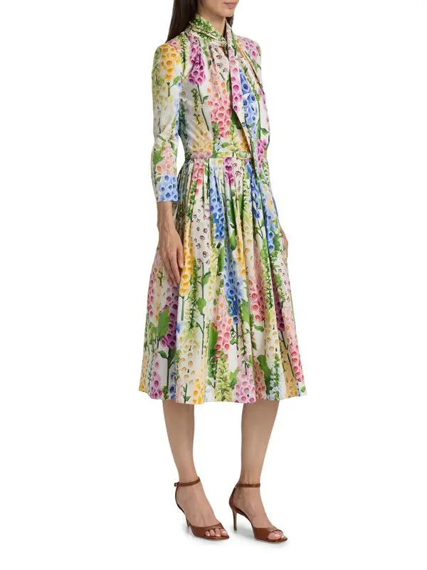 Oscar De La Renta Tie-neck Foxgloves Long-sleeve Midi-dress