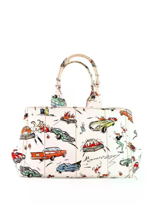 Prada Canapa Convertible Printed Canvas Medium Tote Bag