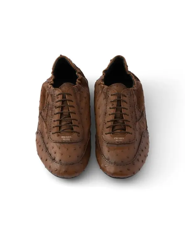 Prada Collapse Ostrich Leather Sneakers - Brown