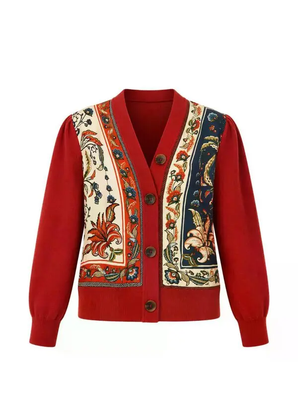 Farm Rio Ainika Garden Scarf Buttoned Knit Cardigan - Red