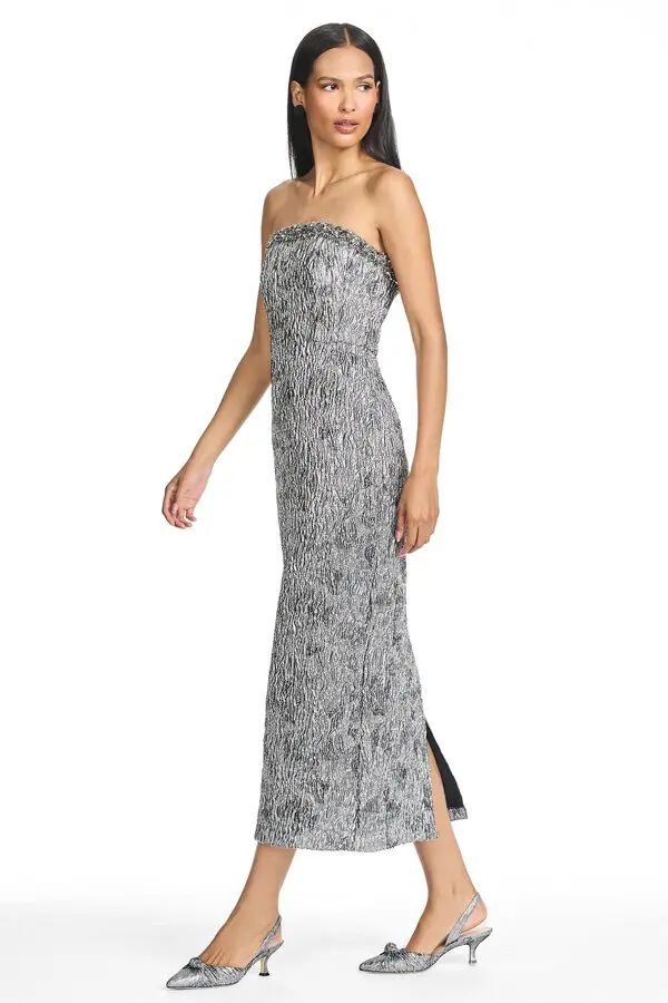 Sachin & Babi Natalia Grey Metallic Sleeveless Column Midi Dress