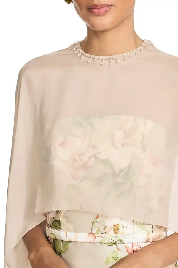 Sachin & Babi Tinsley Beige Embroidered Silk Chiffon Cape - Pewter