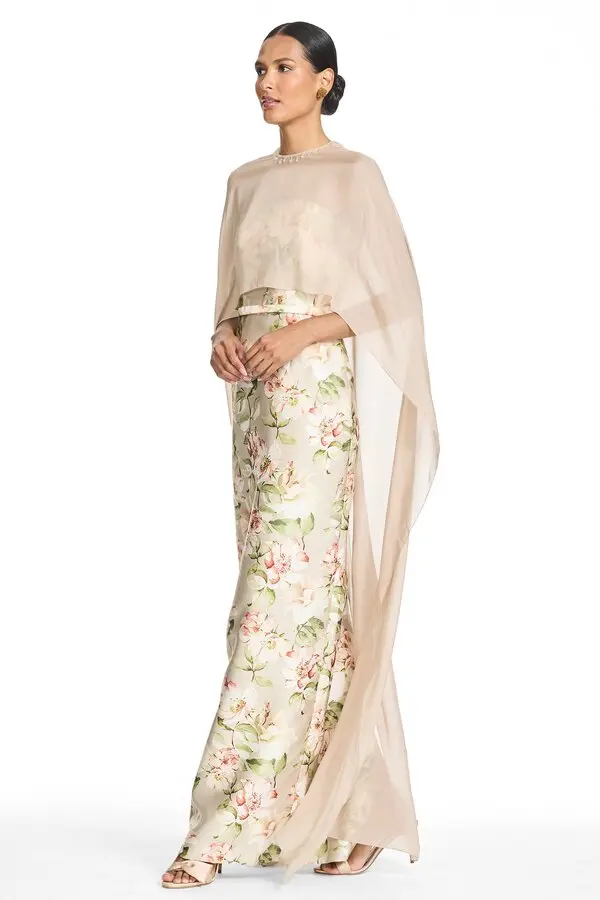 Sachin & Babi Tinsley Beige Embroidered Silk Chiffon Cape - Pewter