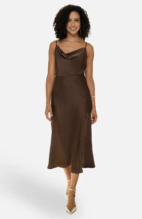 YUMI Satin Cowl Neck Midi Slip Dress - Brown