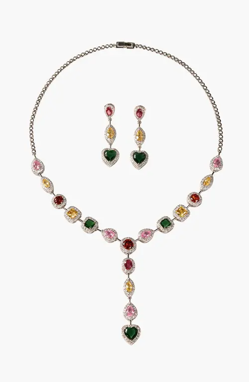 MODENAIRE Crystal Heart Drop Necklace And Matching Dangle Earring Set - Silver
