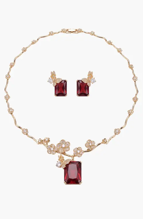 MODENAIRE Floral Butterfly Stone Pendant Necklace And Earrings Jewelry Set - Red