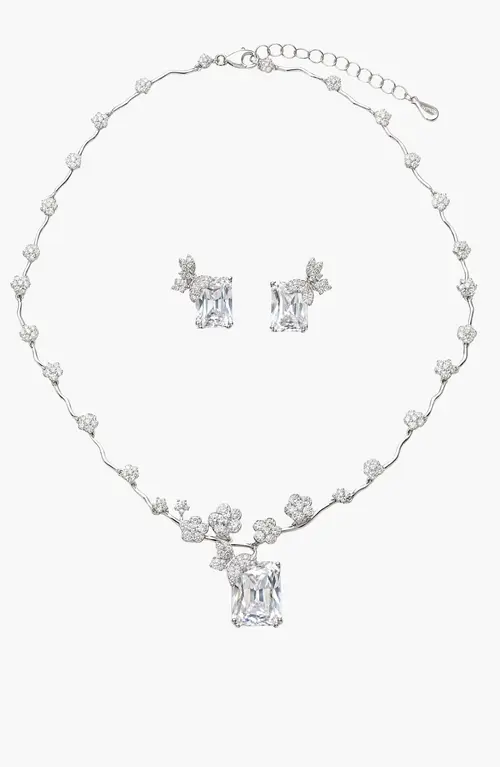 MODENAIRE Floral Butterfly Stone Pendant Necklace And Earrings Jewelry Set - Silver