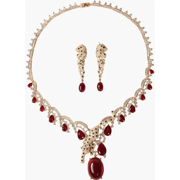 MODENAIRE Teardrop Crystal Statement Necklace And Drop Earring Set - Red