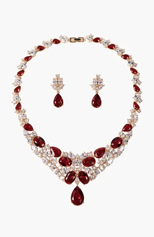 MODENAIRE Floral Statement Necklace And Drop Earring Set - Red