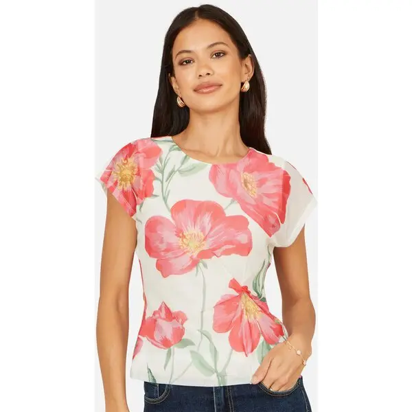 YUMI Poppy Print Mesh Top