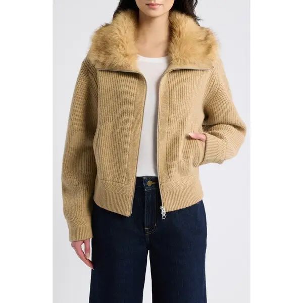Rag & Bone Amelia Faux Fur Zip Up Cardigan - Camel