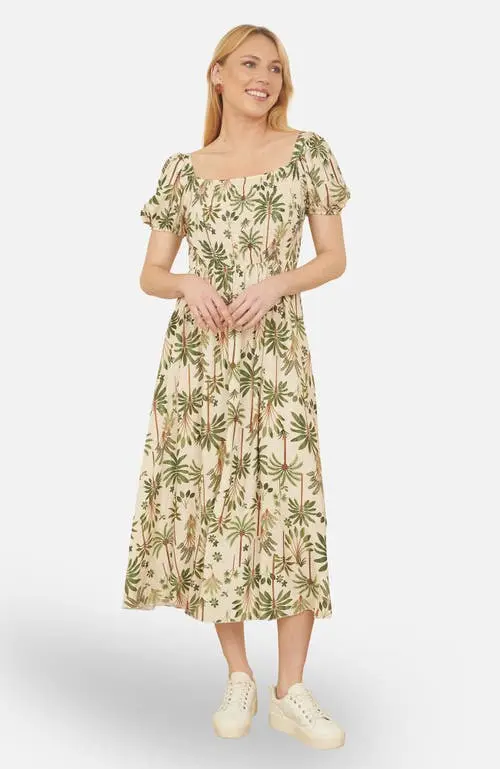 YUMI Palm Print Ruched Midi Dress