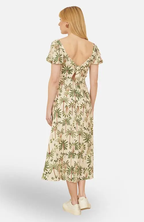 YUMI Palm Print Ruched Midi Dress