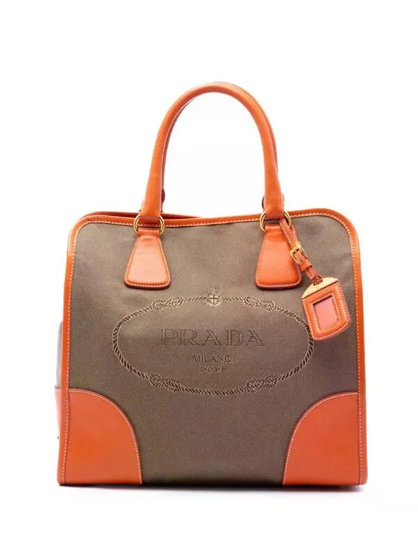 Prada 2013-2026 Saffiano Trimmed Canvas Canapa Logo Satchel - Brown