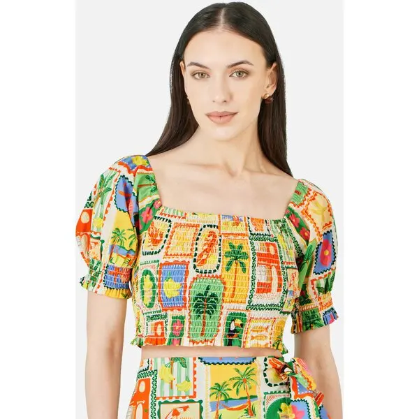 YUMI Cropped Shirred Postcard Print Top