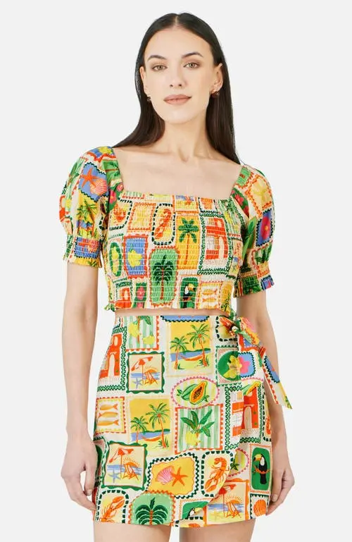 YUMI Cropped Shirred Postcard Print Top