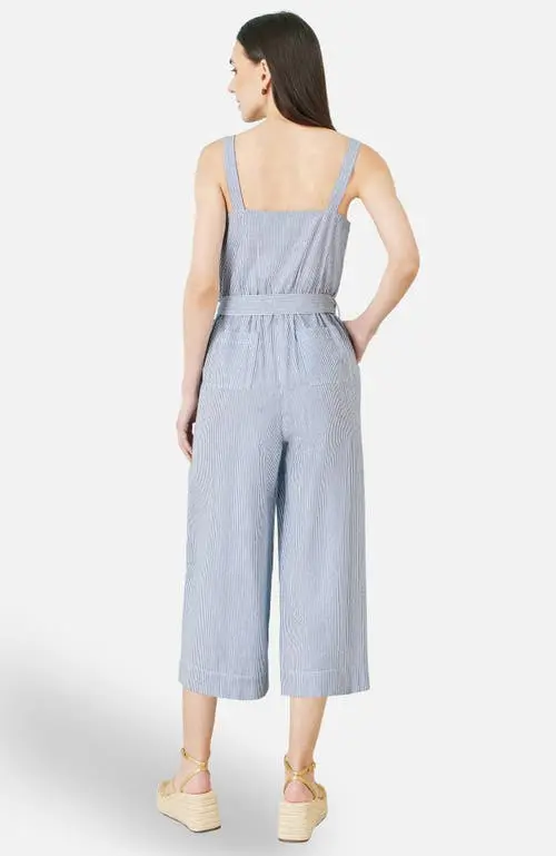 YUMI Cotton Stripe Button Through Jumpsuit - Blue