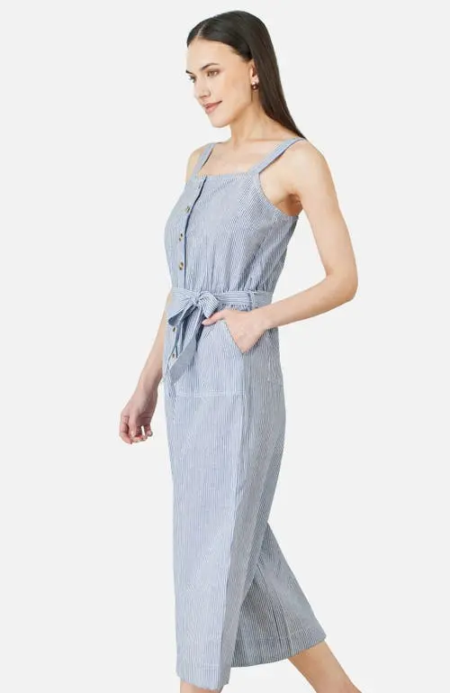 YUMI Cotton Stripe Button Through Jumpsuit - Blue