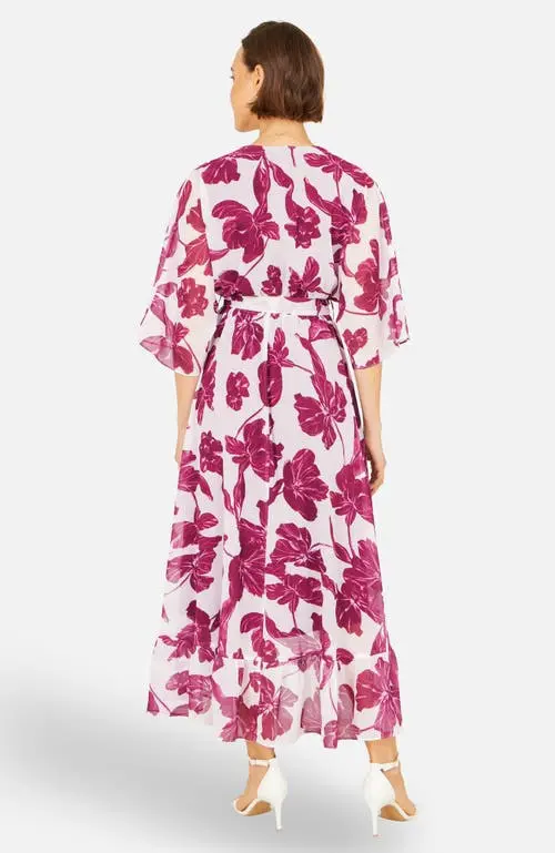 YUMI Floral Print Dipped Hem Wrap Dress
