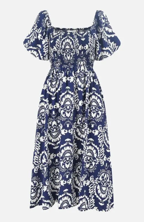 YUMI Print Ruched Midi Dress