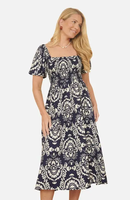 YUMI Print Ruched Midi Dress
