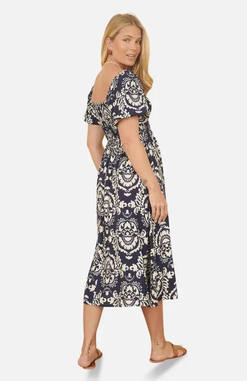 YUMI Print Ruched Midi Dress