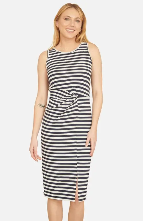 YUMI Striped Jersey Ruched Midi Dress