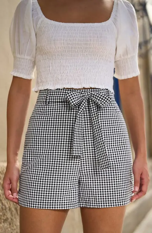 YUMI Cotton Gingham Tie Belt Shorts