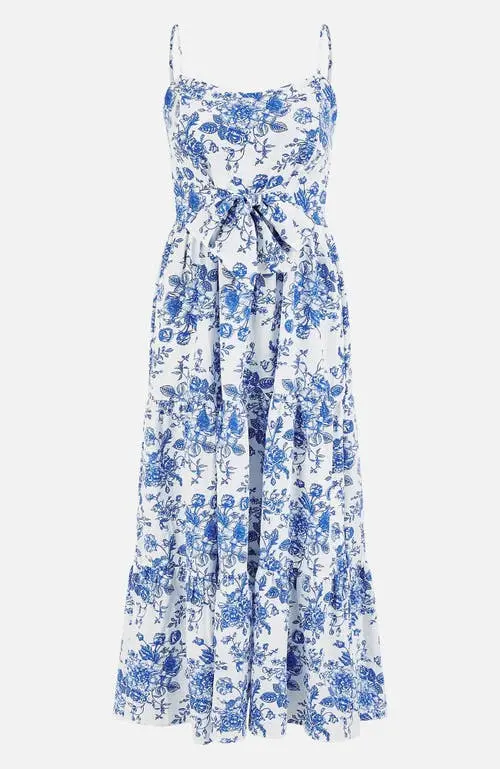 YUMI Floral Strappy Tie Front Midi Dress