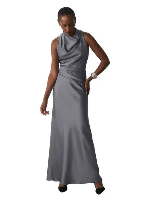 The Fold Matera Velvet Cowl Neck Maxi Dress - Silver