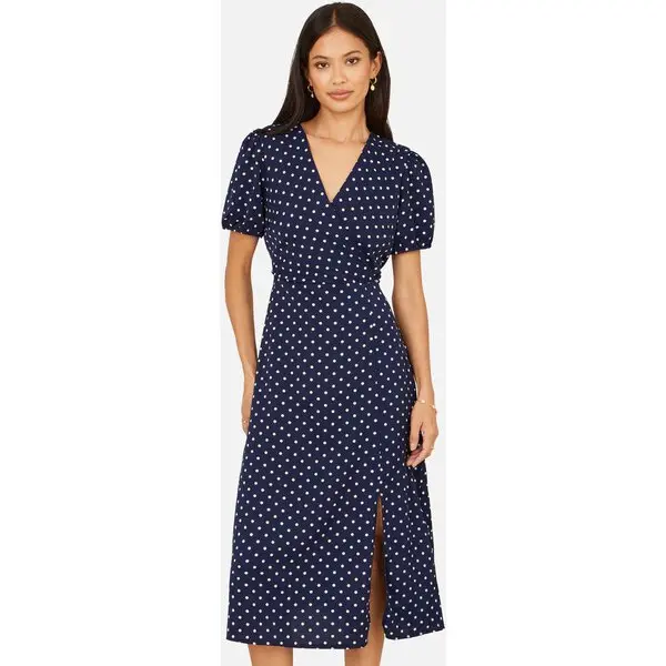 YUMI Spot Wrap Midi Tea Dress - Navy