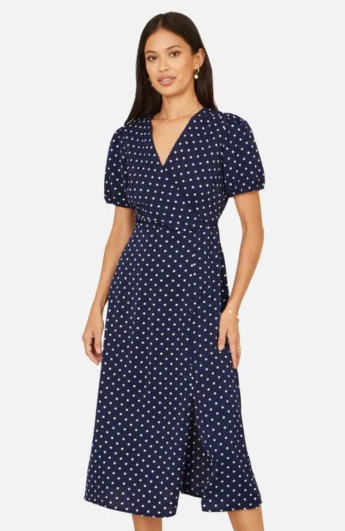 YUMI Spot Wrap Midi Tea Dress - Navy