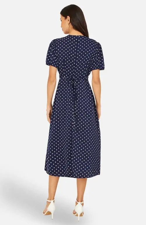 YUMI Spot Wrap Midi Tea Dress - Navy