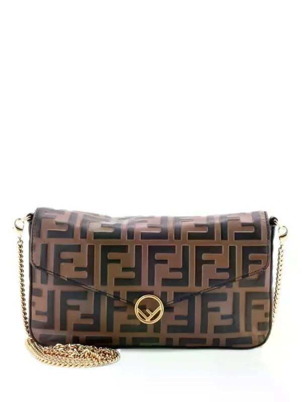 Fendi F Is Envelope On Chain Zucca Embossed Leather Clutch Bag - Brown