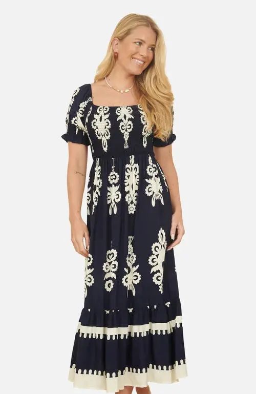 YUMI Block Print Viscose Ruched Midi Dress