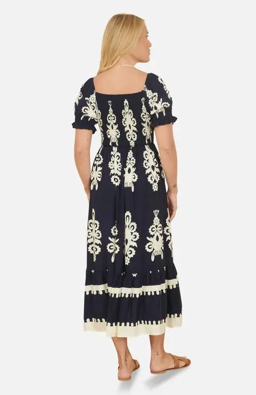YUMI Block Print Viscose Ruched Midi Dress