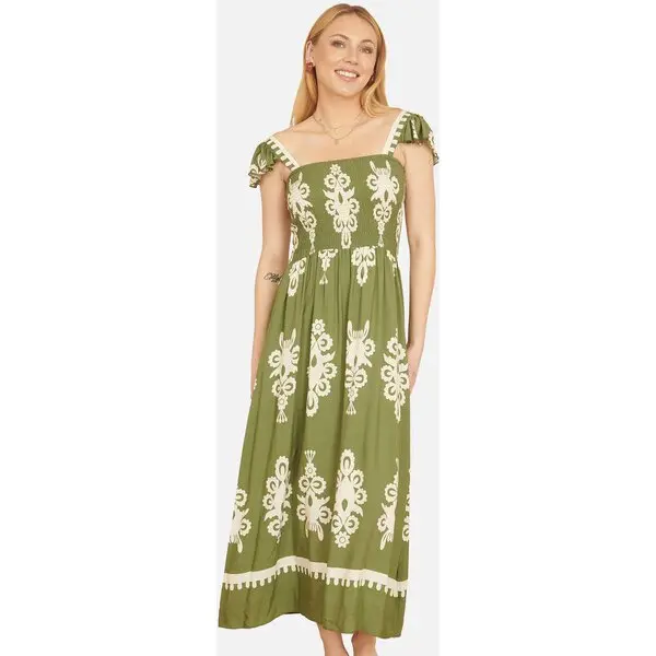 YUMI Block Print Ruched Maxi Dress