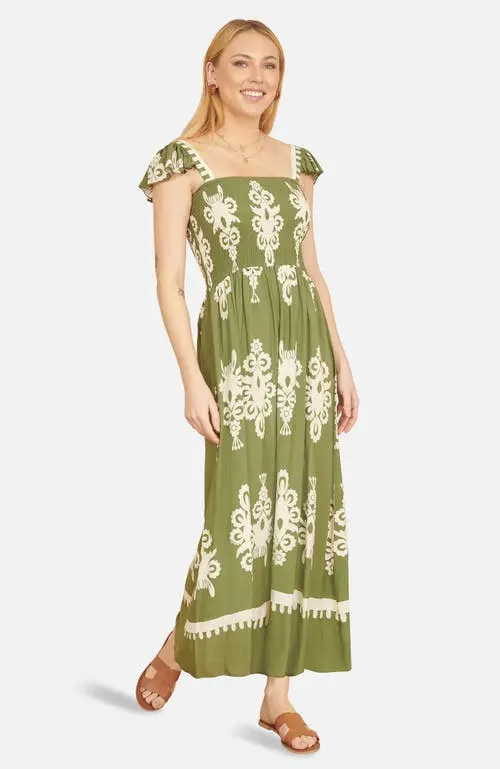 YUMI Block Print Ruched Maxi Dress