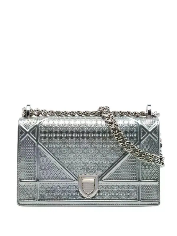 Dior 2018 Small Metallic Patent Microcannage Diorama Flap Crossbody Bag - Silver