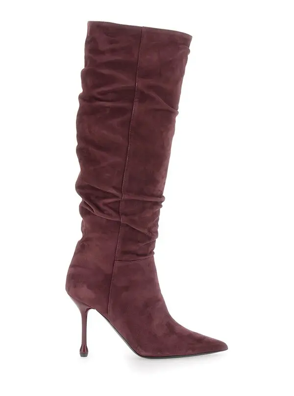 LEPLAIN Bordeaux Knee-high Boots With Pointed Toe And Ruched Design In Suede For