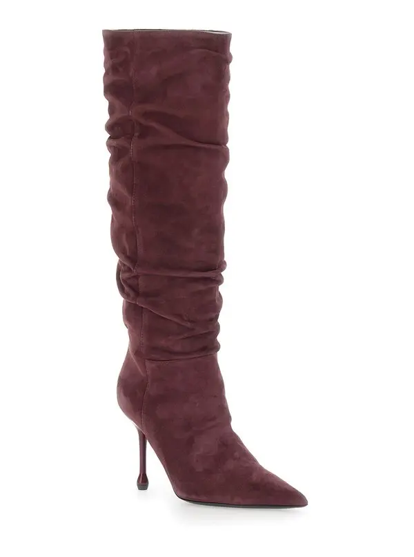 LEPLAIN Bordeaux Knee-high Boots With Pointed Toe And Ruched Design In Suede For