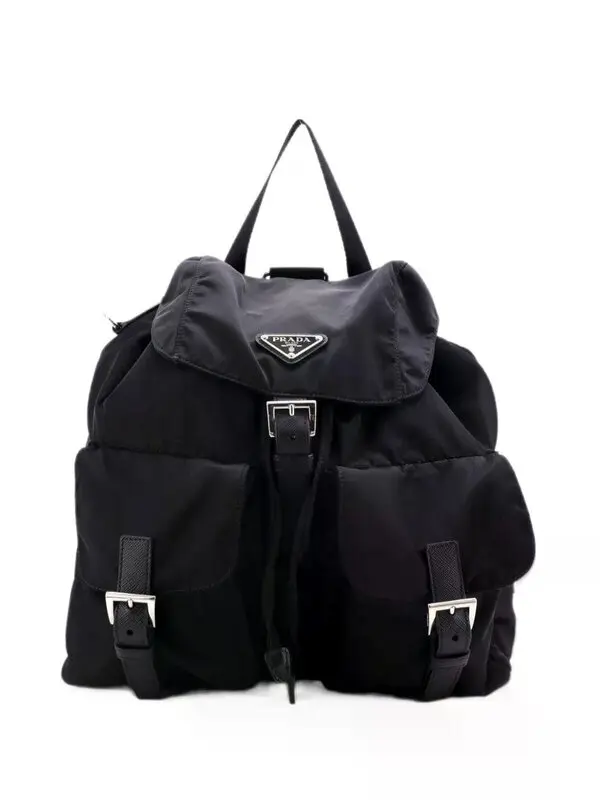 Prada Double Front Pocket Re-nylon With Leather Medium Backpack - Black