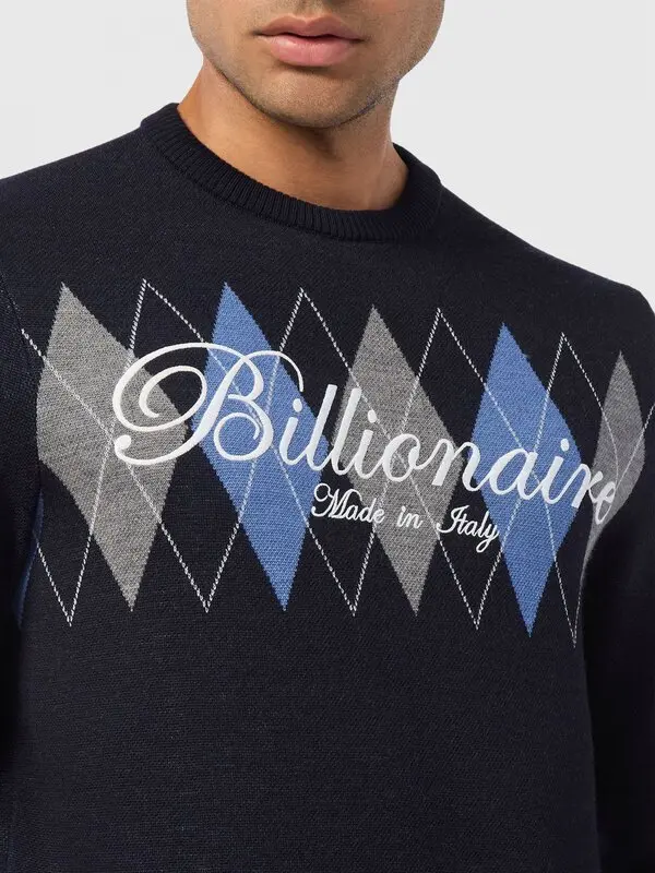 BILLIONAIRE Diamond Pattern Cotton Crewneck Sweater With Contrast Logo