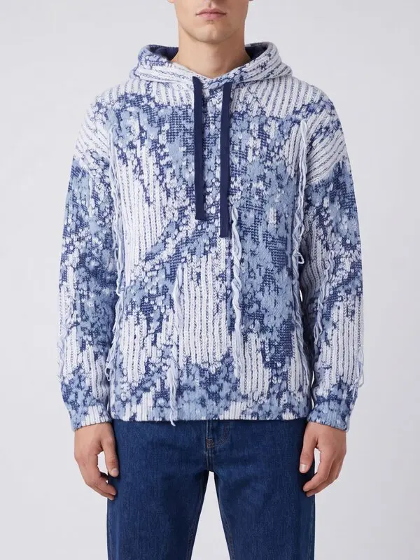LANEUS Distressed-effect Abstract-print Knit Hoodie In A Wool Blend