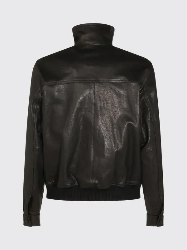 Auralee Leather Bomber Jacket With High Collar And Flap Pockets